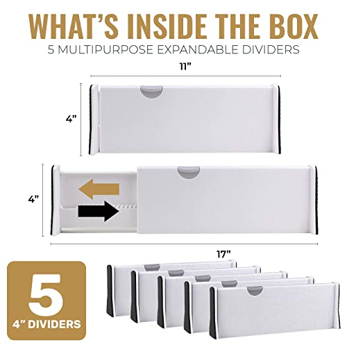 RAPTUROUS Deep Drawer Divider - 4 Inches High, Expands from 11-17 Inch, Adjustable Tall Dividers for Kitchen, Bedroom - Expandable Organizers for Clothes, Dressers etc - 5 Pack White Drawer Separators