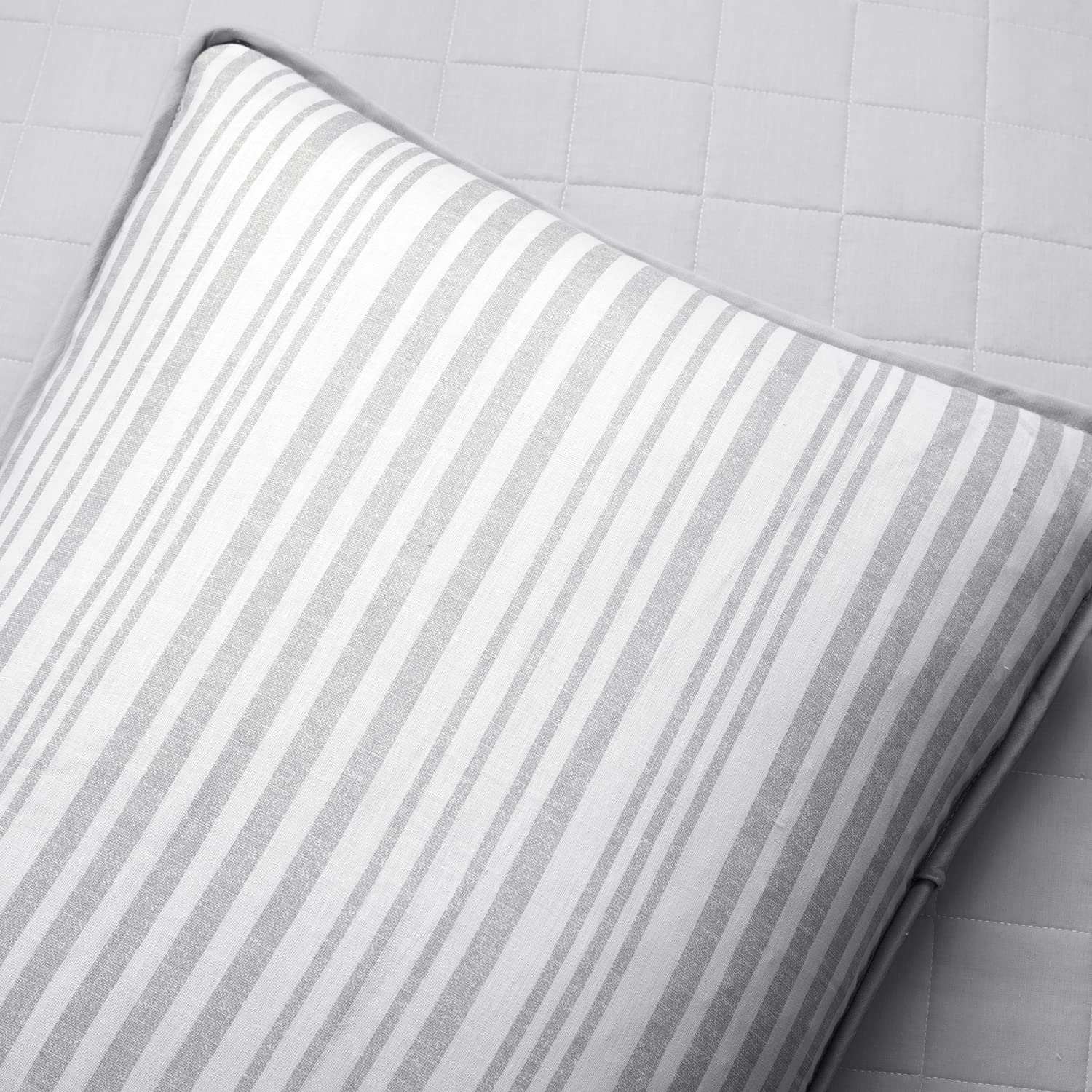 Lush Decor Farmhouse Box Stitch and Stripe Oversized Reversible Cotton 3 Piece Quilt Set, King, Gray