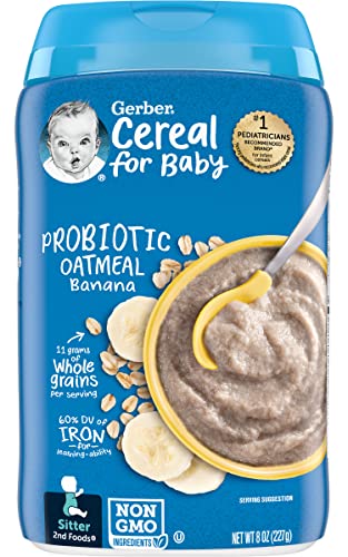 Gerber Cereal for Baby 2nd Foods Cereal, Probiotic Oatmeal Banana Cereal, Made with Whole Grains, Real Fruit & Probiotics, 8-Ounce Canister (Pack of 10)
