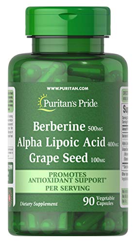 Puritans Pride Berberine, Alpha Lipoic Acid & Grape Seed, Promotes Antioxidant Support, 90 Vegetable Capsules