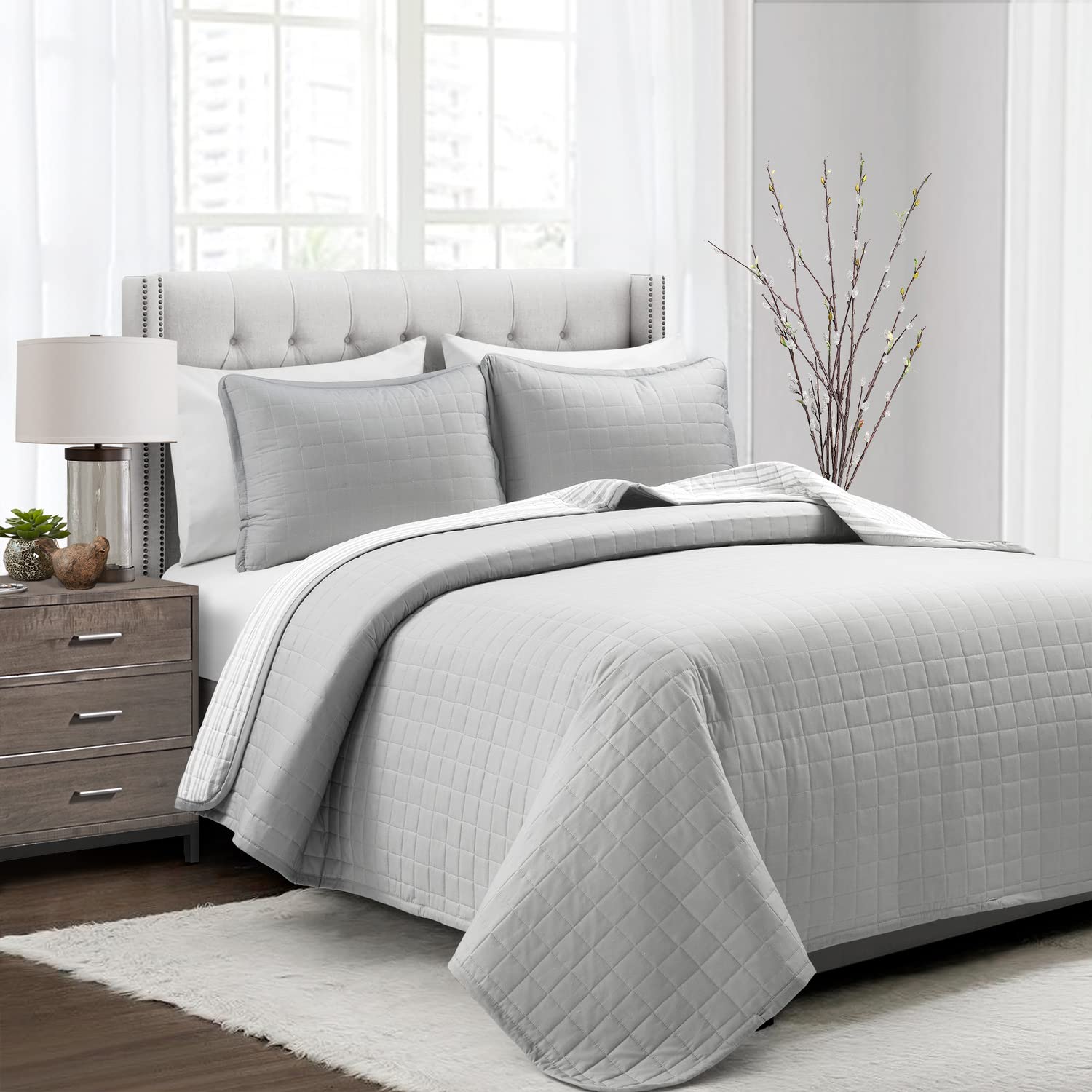 Lush Decor Farmhouse Box Stitch and Stripe Oversized Reversible Cotton 3 Piece Quilt Set, King, Gray