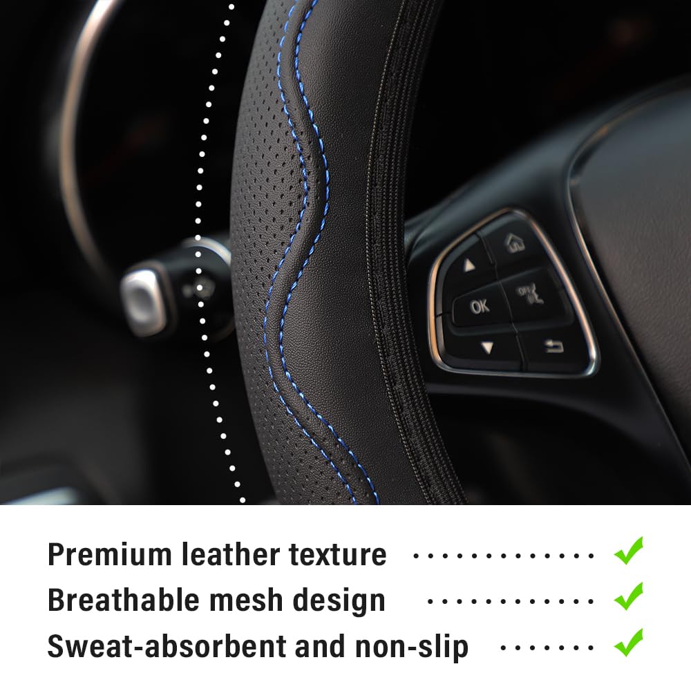 OFBAND Breathable Car Steering Wheel Covers,Anti-Slip Leather Steering Wheel Cover with Elastic for Car Decorations,Universal Car Accessories Interior 15 Inch Steering Wheel Protector (Black Blue)
