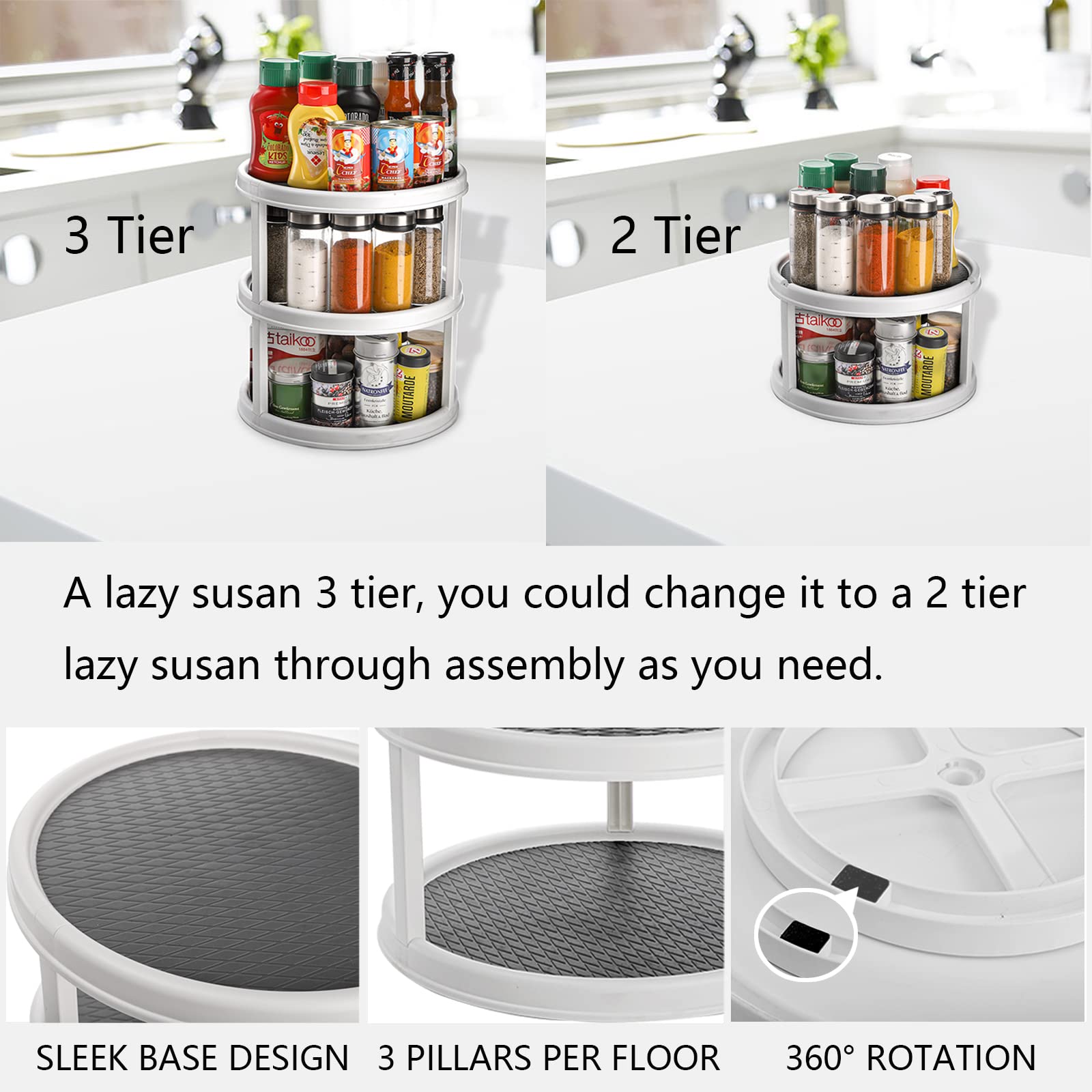 Yesland 3 Tier Lazy Susan Turntable - 12'' Round Tiered Rotating Kitchen Spice Organizer and Non-Skid Organization Storage Container - Tiered Tray for Fruit, Snacks, Cosmetic, Pantry, Bathroom(Grey)