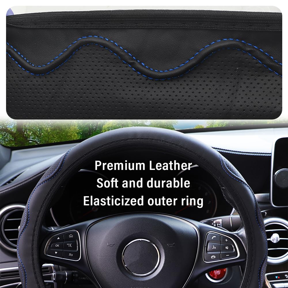 OFBAND Breathable Car Steering Wheel Covers,Anti-Slip Leather Steering Wheel Cover with Elastic for Car Decorations,Universal Car Accessories Interior 15 Inch Steering Wheel Protector (Black Blue)