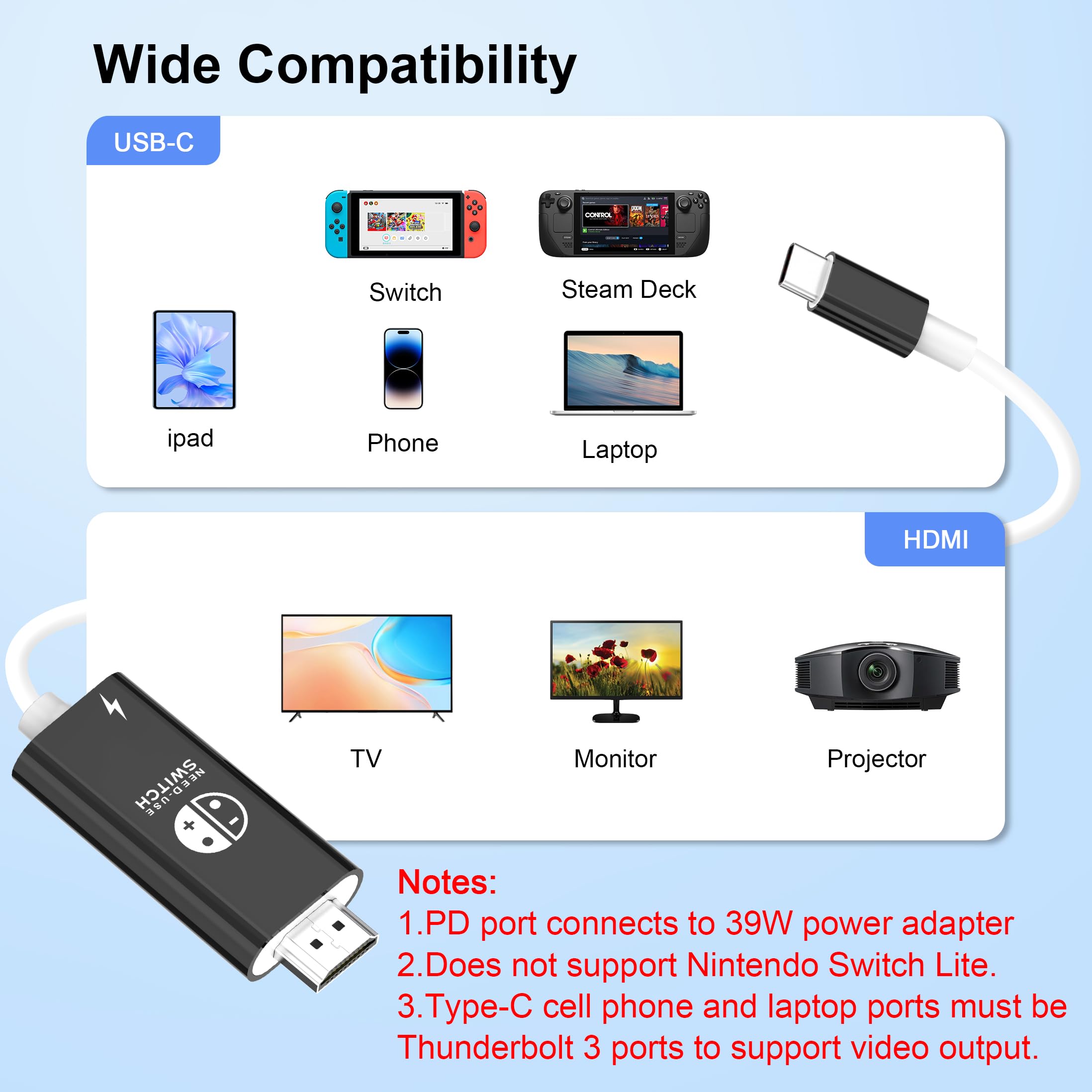 Dnkeaur USB C to HDMI Adapter Cable Compatible with Nintendo Switch, Type-C to HDMI Conversion Cable Replaces The Switch Docking Station for TV Projection Screen, Nintendo Switch OLED Dock