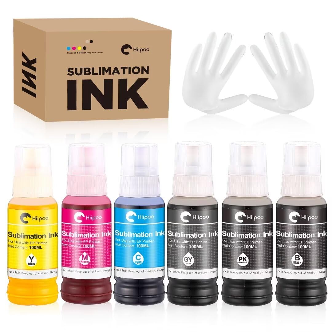 Hiipoo 600ML Sublimation Ink for EcoTank ET-8500 ET-8550 Wide-Format Supertank Printers Heat Press Transfer on T-Shirt Tumblers (6 Color, 1PK,1BK,1C,1M, 1Y, 1GY)