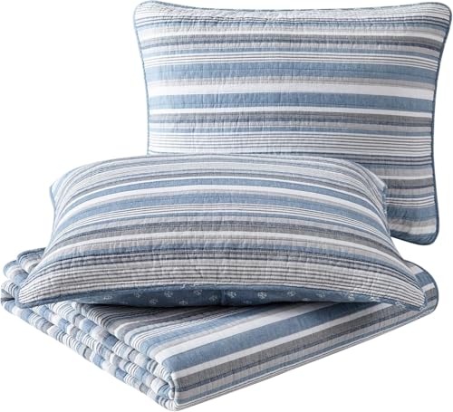 Nautica Quilt Set All Season Cotton Bedding with Matching Sham, Lightweight & Reversible, Queen, Jettison Grey/Blue/White