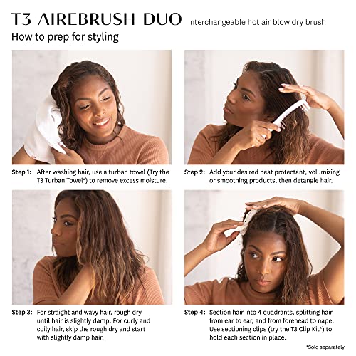 T3 AireBrush Duo Interchangeable Hot Air Blow Dry Brush with Two Attachments β Includes 15 Heat and Speed Combinations, T3 IonFlow Technology, Volume Booster Switch, Lock-in Cool Shot