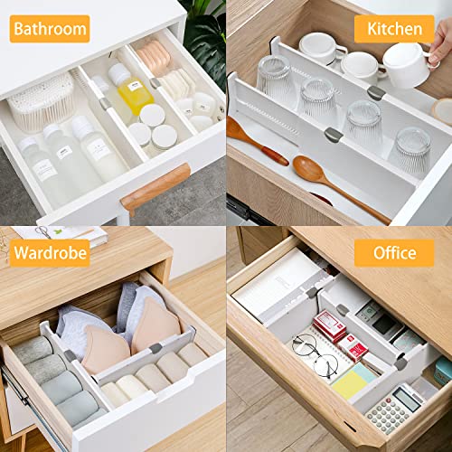 JONYJ Drawer Dividers Organizer 4 Pack, Adjustable Separators 4" High Expandable from 11-17" for Bedroom, Bathroom, Closet,Clothing, Office, Kitchen Storage, Strong Secure Hold, Foam Ends(White)