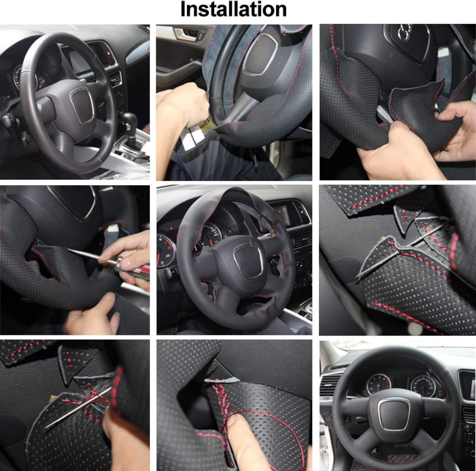Hand-Stitched Black Leather Car Steering Wheel Cover, for Mercedes Benz C-Class W203 2000-2007 C32 AMG 2002-2003 DIY Breathable Steering Wheel Covers