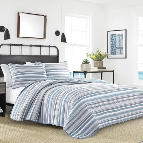 Nautica Quilt Set All Season Cotton Bedding with Matching Sham, Lightweight & Reversible, Queen, Jettison Grey/Blue/White
