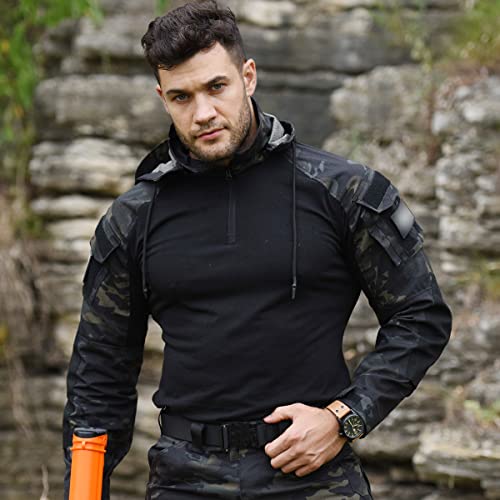 HAN·WILD Men's Tactical Shirt Combat Airsoft Long Sleeve Shirts with Elbow Pads Camo Military T-Shirt with Hood