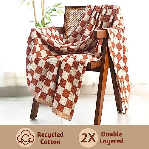 Folkulture 100% Cotton Throw Blanket, Rust Checks, 50x60in, Soft, Lightweight, Travel, Napping, All Seasons, Machine Wash