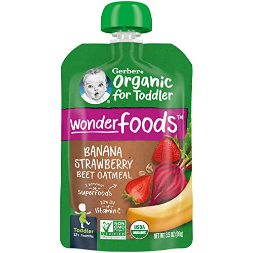 Gerber Organic Baby Food Pouches, Toddler, WonderFoods, Banana Strawberry Beet & Oatmeal, 3.5 Ounce