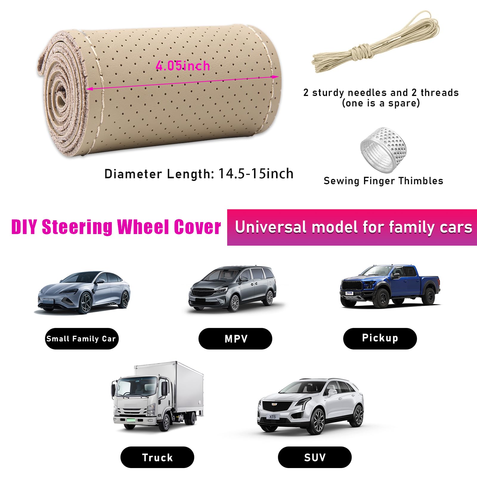 Ziciner Genuine Leather Steering Wheel Cover, Stitch on Wrap, Breathable Anti-Slip Car Steering Wheel Protector for Max Diameter 15 Inch, DIY Sewing with Needle Thread (Beige, Hole)