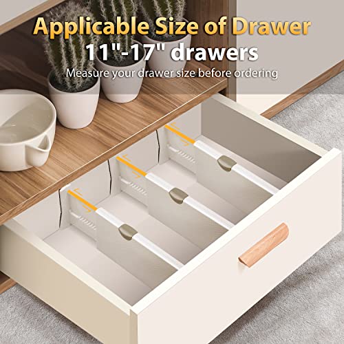 JONYJ Drawer Dividers Organizer 4 Pack, Adjustable Separators 4" High Expandable from 11-17" for Bedroom, Bathroom, Closet,Clothing, Office, Kitchen Storage, Strong Secure Hold, Foam Ends(White)