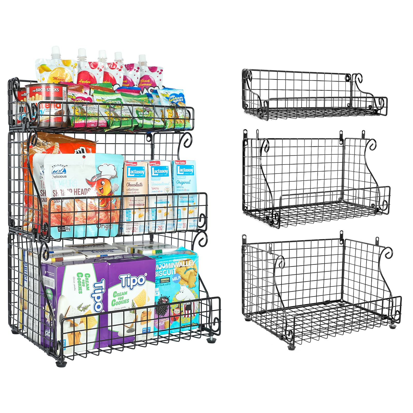 Aibohayi 3-Tier Stackable Food Packet Organizer Bins for Pantry Storage,Countertop & Wall Mounted Metal Wire Basket Coffee Snack Fruit Rack Holder for Office Kitchen Bathroom