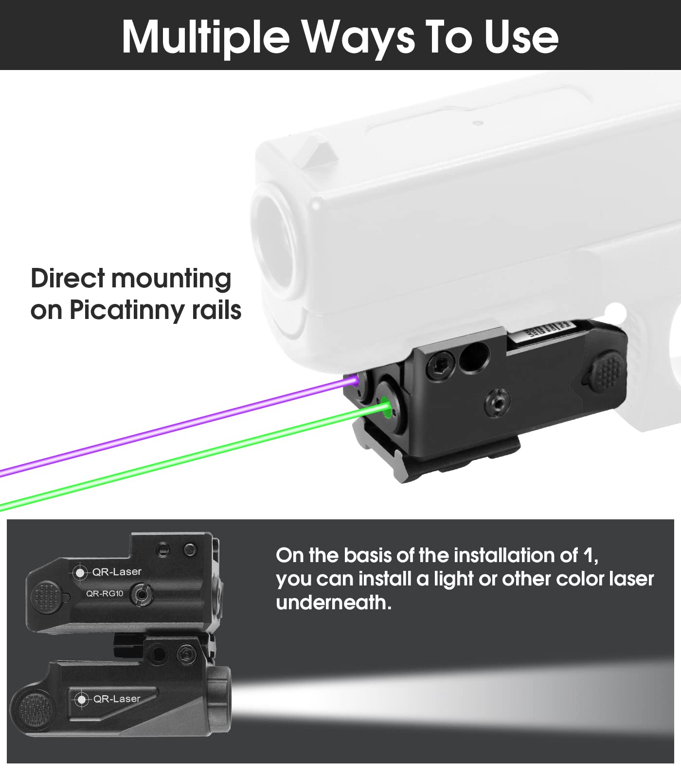 QR-Laser Dual Green Purple Laser Sights with Removable Rail Adapters, Duo-Laser Combo for Pistols with Picatinny Rail Mount, Rechargeable with USB Charging Cable