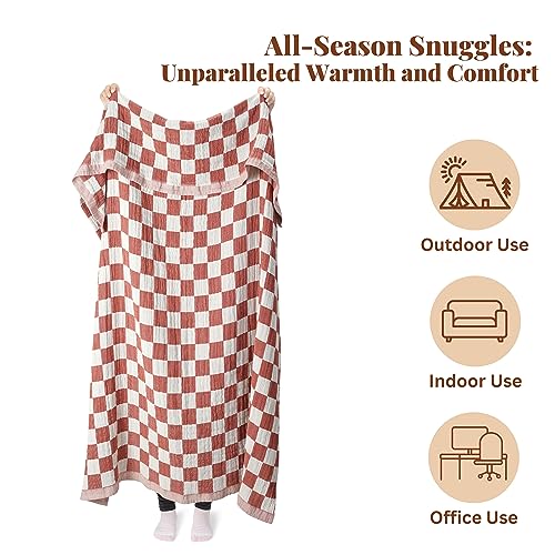 Folkulture 100% Cotton Throw Blanket, Rust Checks, 50x60in, Soft, Lightweight, Travel, Napping, All Seasons, Machine Wash