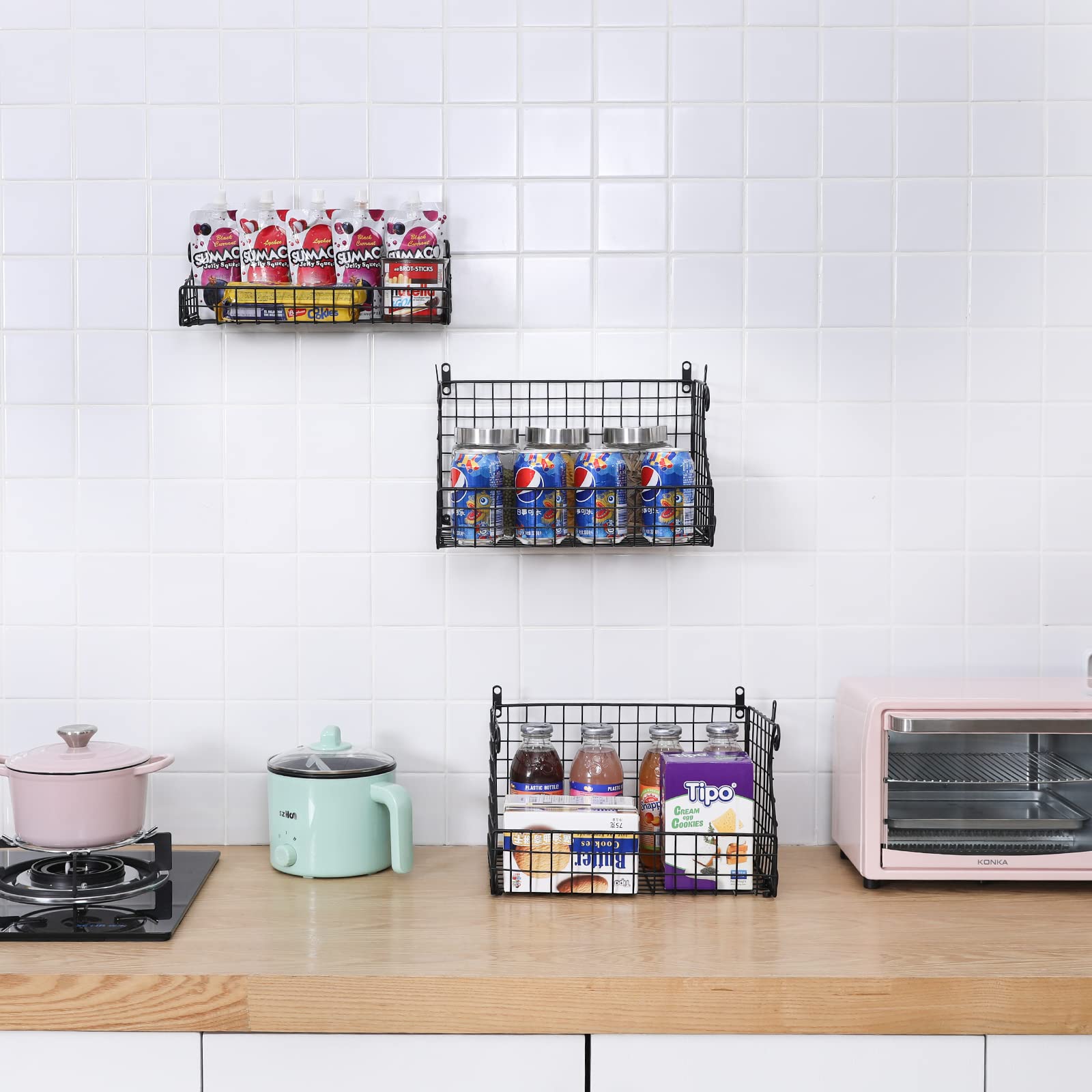 Aibohayi 3-Tier Stackable Food Packet Organizer Bins for Pantry Storage,Countertop & Wall Mounted Metal Wire Basket Coffee Snack Fruit Rack Holder for Office Kitchen Bathroom