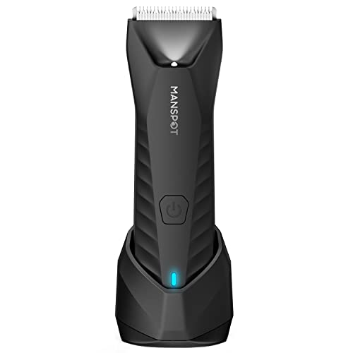 MANSPOT Electric Groin Hair Trimmer, Ball Trimmer/Shaver, Replaceable Ceramic Blade Heads, Waterproof for Wet/Dry Use, Standing Recharge Dock, 90 Minutes Shaving After Fully Charged( Metallic Black)