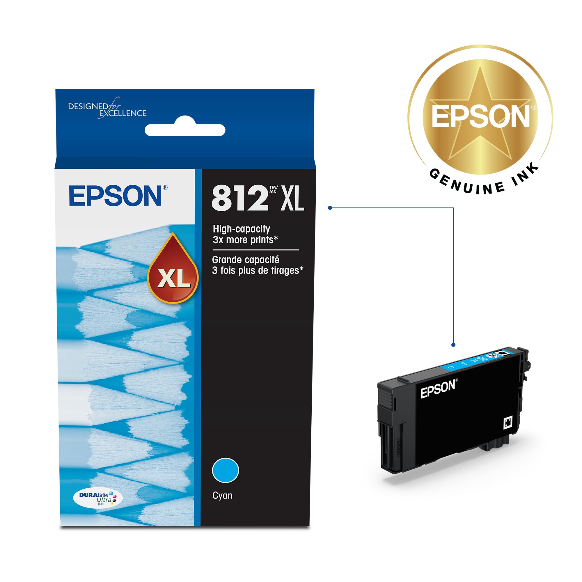Epson T812 DURABrite Ultra Ink High Capacity Cyan Cartridge (T812XL220-S) for Select Workforce Pro Printers