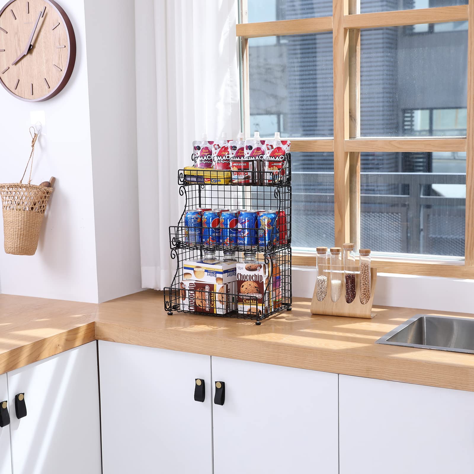 Aibohayi 3-Tier Stackable Food Packet Organizer Bins for Pantry Storage,Countertop & Wall Mounted Metal Wire Basket Coffee Snack Fruit Rack Holder for Office Kitchen Bathroom
