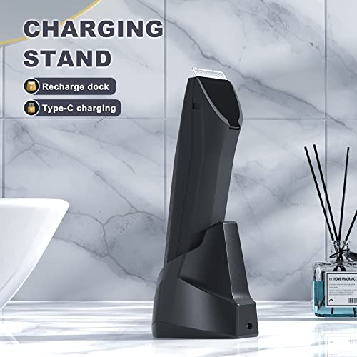MANSPOT Electric Groin Hair Trimmer, Ball Trimmer/Shaver, Replaceable Ceramic Blade Heads, Waterproof for Wet/Dry Use, Standing Recharge Dock, 90 Minutes Shaving After Fully Charged( Metallic Black)