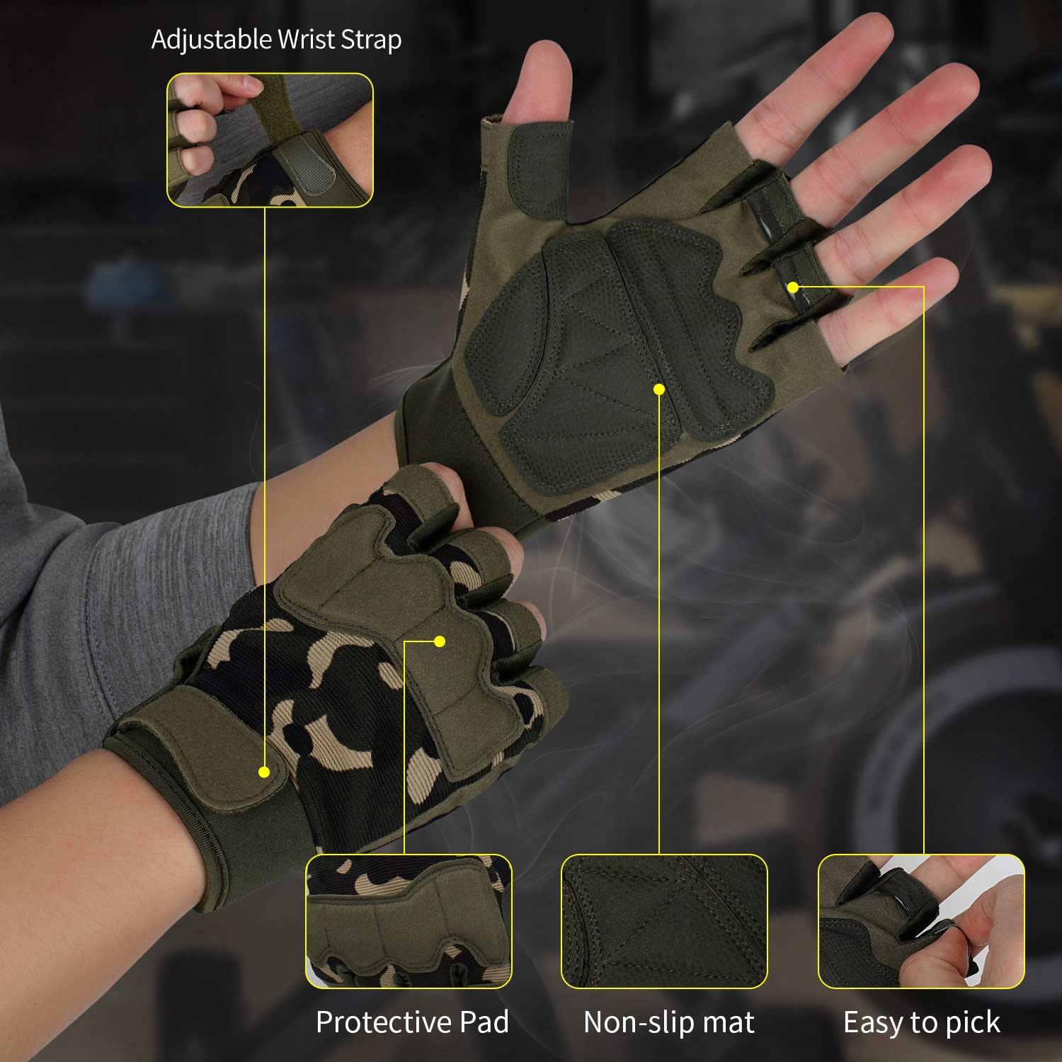 FIORETTO Fingerless Gloves for Airsoft Shooting Half Finger Hunting Hiking Cycling Driving Motorcycle Climbing Work Gloves Green Camo Small