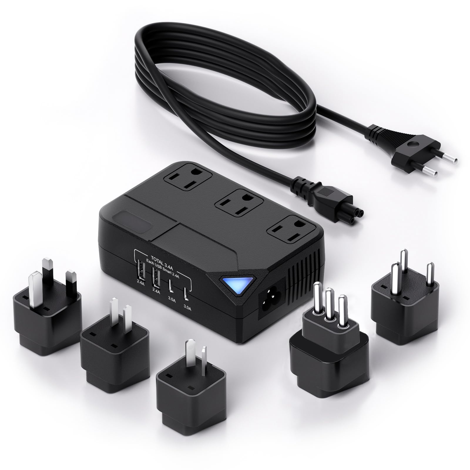 100V-220V Travel Converter, 250W Travel Voltage Converter for curlers, straighteners, Chargers, Power Plugs with 2 USB 2 Type-c Charging Ports and 3 AC Plugs, Including A,C,D,G,I,L Type (red)