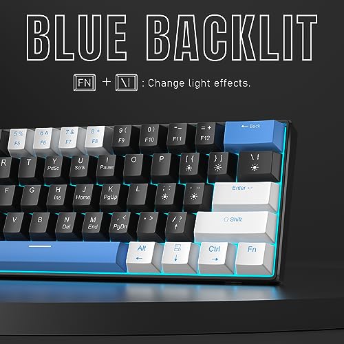 60% Mechanical Gaming Keyboard,White Black Blue Keycaps Gaming Keyboard with Linear Red Switch, Detachable Type-C Cable Mini Keyboard with Blue LED Light for Windows/Mac/PC/Laptop