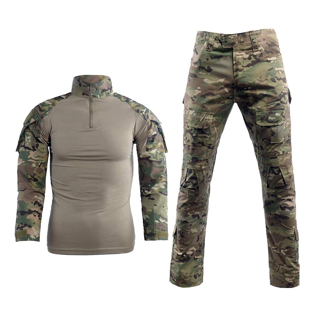 LANBAOSI Men's Tactical Combat Shirt and Pants Set Long Sleeve Woodland Hunting Military Uniform 1/4 Zip