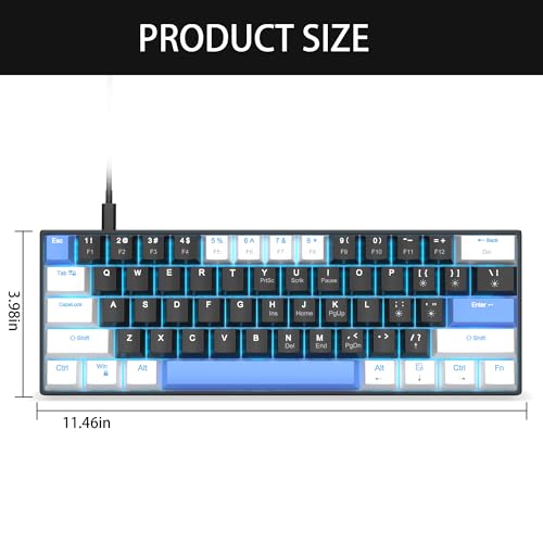 60% Mechanical Gaming Keyboard,White Black Blue Keycaps Gaming Keyboard with Linear Red Switch, Detachable Type-C Cable Mini Keyboard with Blue LED Light for Windows/Mac/PC/Laptop