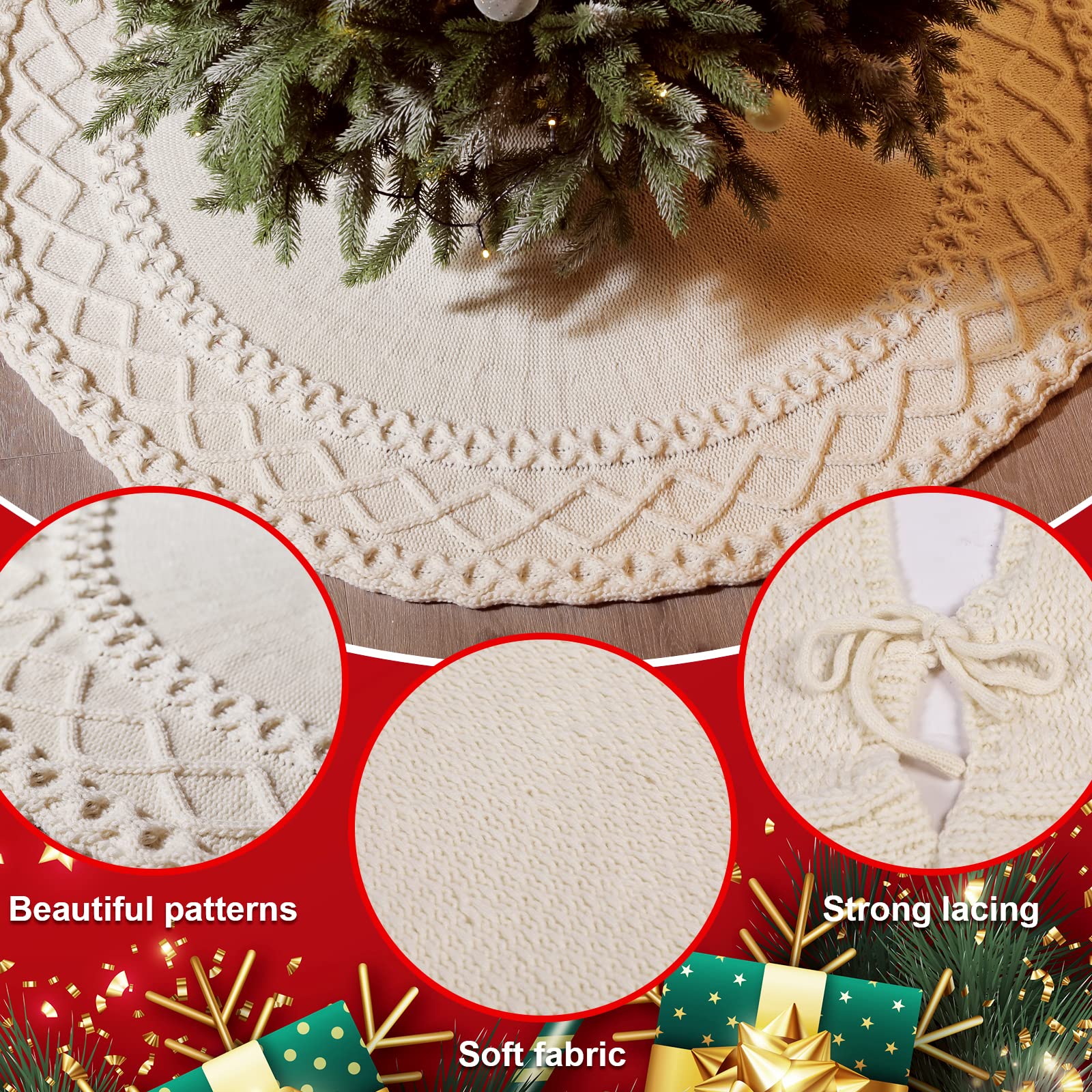 LASPERAL Knitted Tree Skirt 48 Inch Ivory White Crochet Christmas Tree Skirt, Farmhouse Rustic Cable Knit Edge Tree Skirt with Bow Tie for Home Décor, Washable Heavy Yarn Tree Skirt Indoor Outdoor