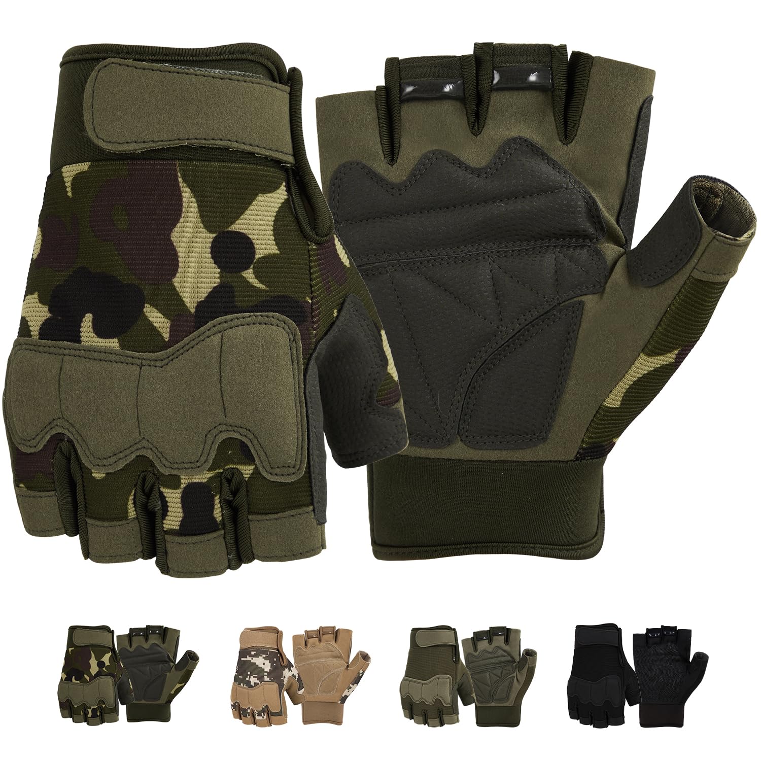 FIORETTO Fingerless Gloves for Airsoft Shooting Half Finger Hunting Hiking Cycling Driving Motorcycle Climbing Work Gloves Green Camo Small