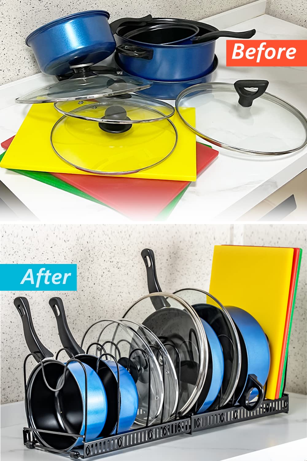 KLEVERISE 10 Dividers Expandable Pot Pan Organizer Rack Storage Under Cabinet– Heavy Duty Cast Iron Adjustable DIY Pot Pan Rack - Space Saving Pot Pan Lid Holders