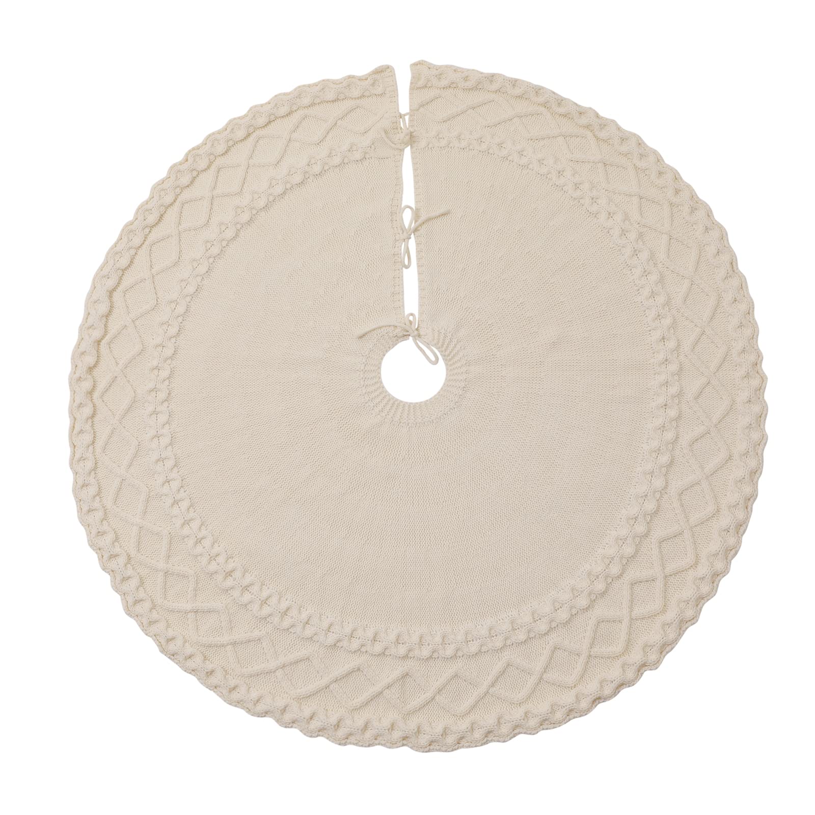 LASPERAL Knitted Tree Skirt 48 Inch Ivory White Crochet Christmas Tree Skirt, Farmhouse Rustic Cable Knit Edge Tree Skirt with Bow Tie for Home Décor, Washable Heavy Yarn Tree Skirt Indoor Outdoor