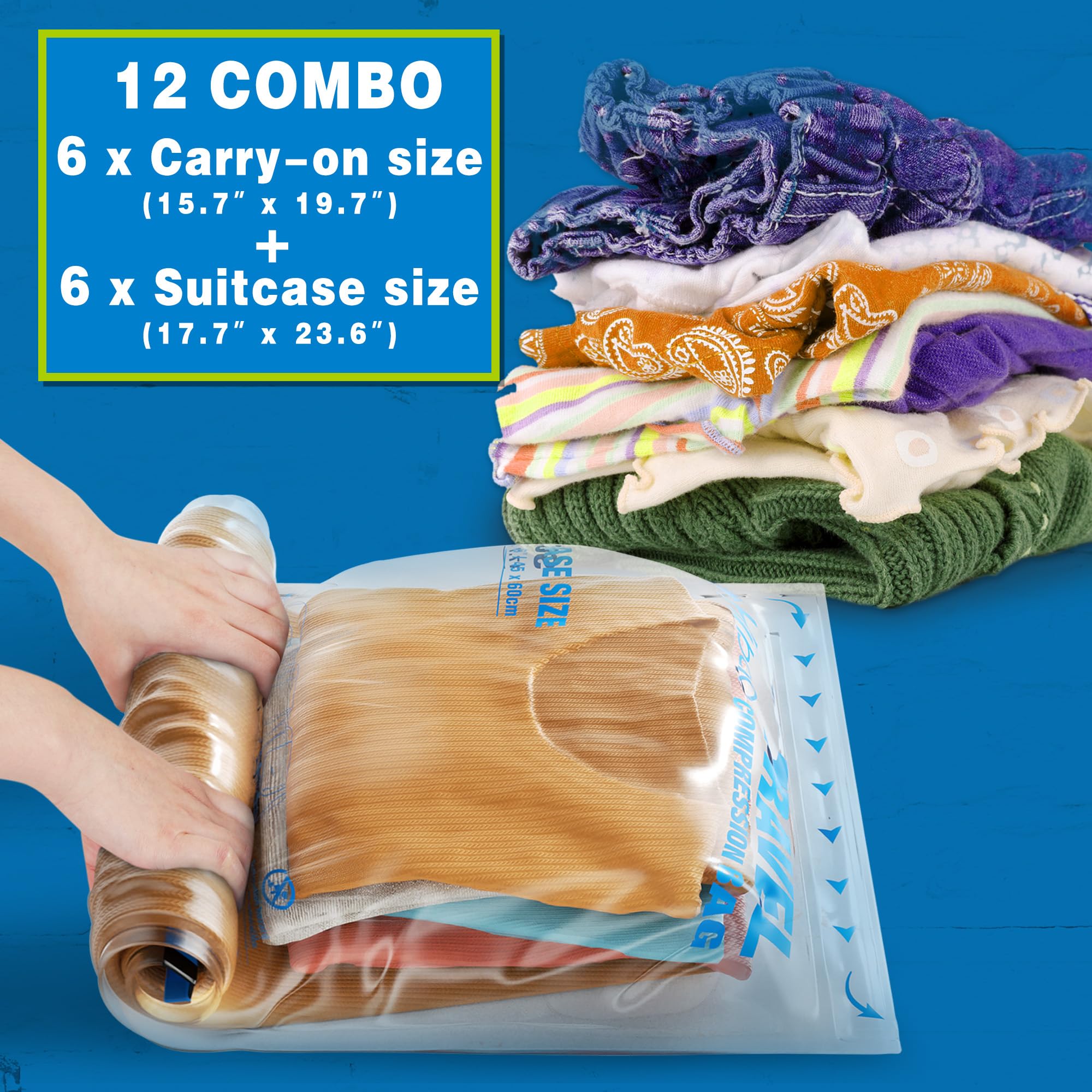 12 Compression Bags for Travel, Travel Essentials Compression Bags, Vacuum Packing Space Saver Bags for Cruise Travel Accessories (12-Travel)