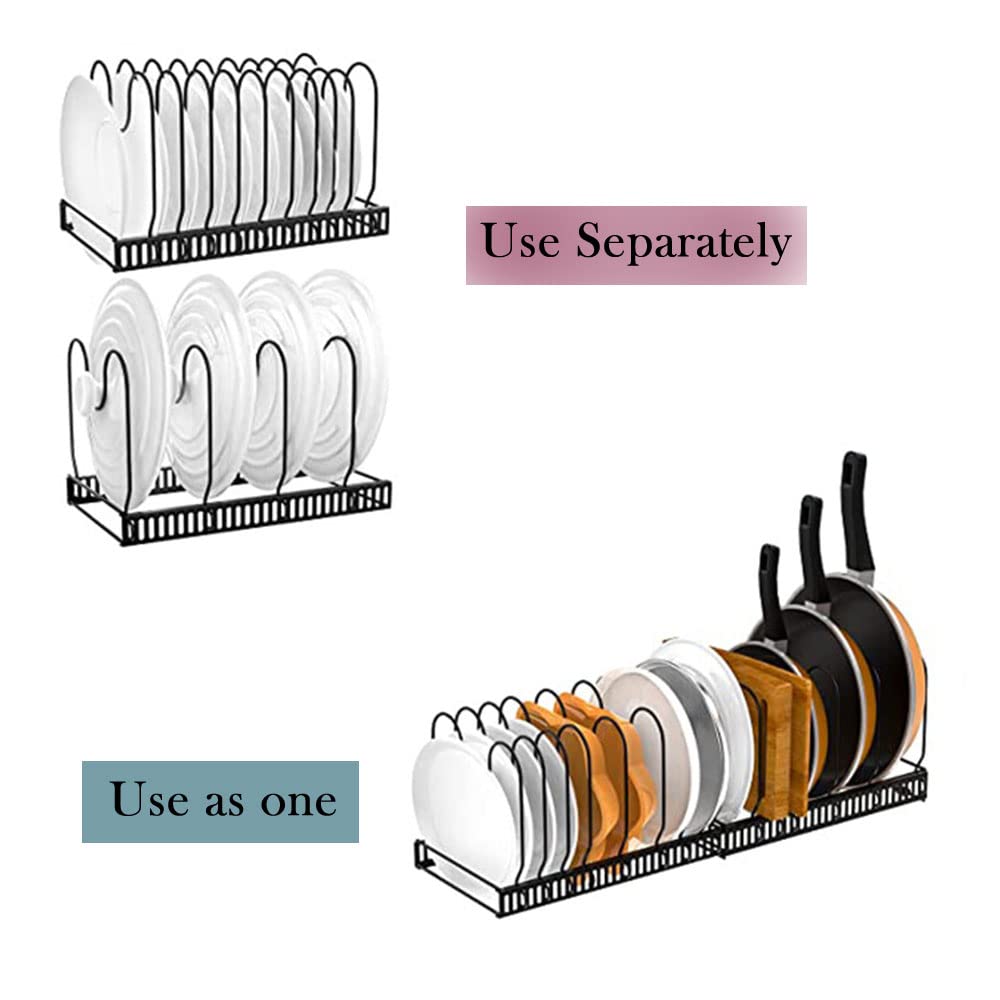 KLEVERISE 10 Dividers Expandable Pot Pan Organizer Rack Storage Under Cabinet– Heavy Duty Cast Iron Adjustable DIY Pot Pan Rack - Space Saving Pot Pan Lid Holders