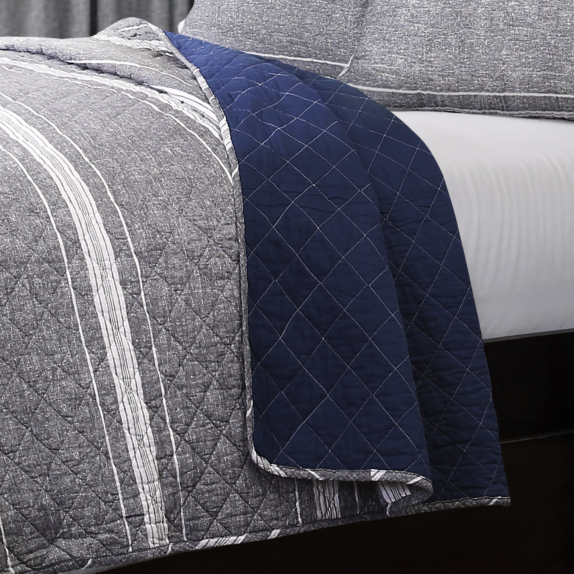 Lush Decor Marlton Stripe Quilt | Reversible Pattern 3 Piece Bedding Set - King - Gray