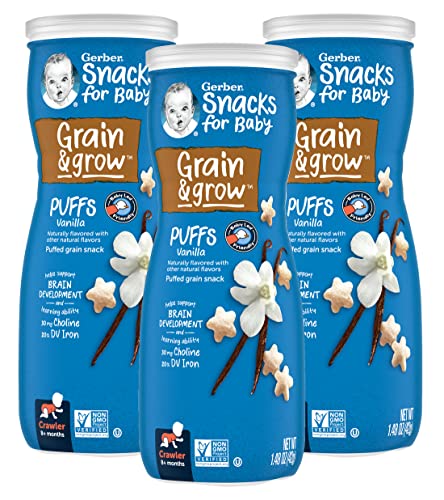 Gerber Snacks for Baby Grain & Grow Puffs, Vanilla, Puffed Grain Snack for Crawlers, Non-GMO Baby Snack, Baby-Led Friendly, 1.48-Ounce Canister (Pack of 3)