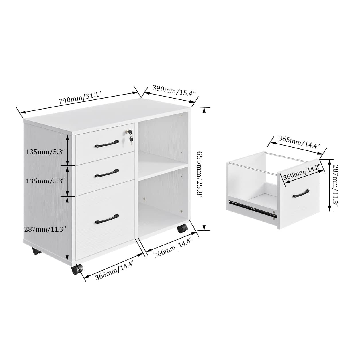 3 Drawer Office File Cabinets, Mobile Lateral Printer Stand with Open Storage Shelf, Rolling Filing Cabinet with Wheels Home Office Organization and Storage (White)