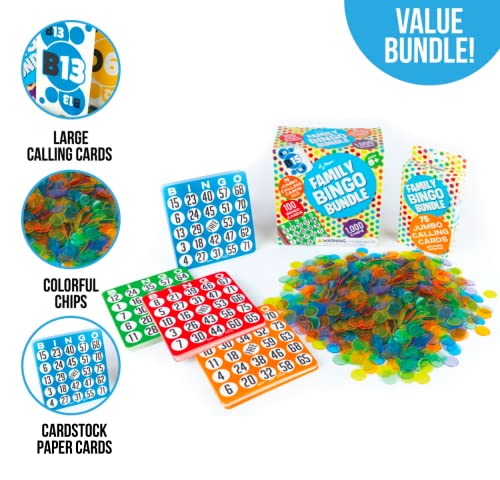 Regal Games - Family Bingo Bundle - Includes 100 Unique Bingo Cards, 75 Jumbo Calling Cards, 1000 Colorful Chips - Fun Family-Friendly Game - Ideal for Large Groups, Parties, Game Nights - Ages 8+