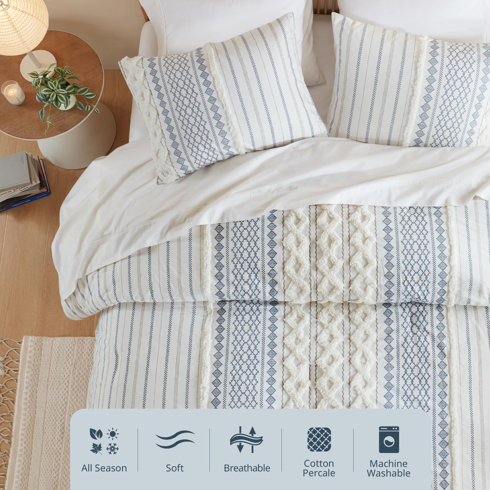 INK+IVY Comforter for Queen Size Bed, Chenille Tufted, Breathable Cotton Comforter Set Queen, All Season Modern Boho Comforter with Farmhouse Bedding Flare, 2 Matching Shams, Queen White/Navy 3 Piece