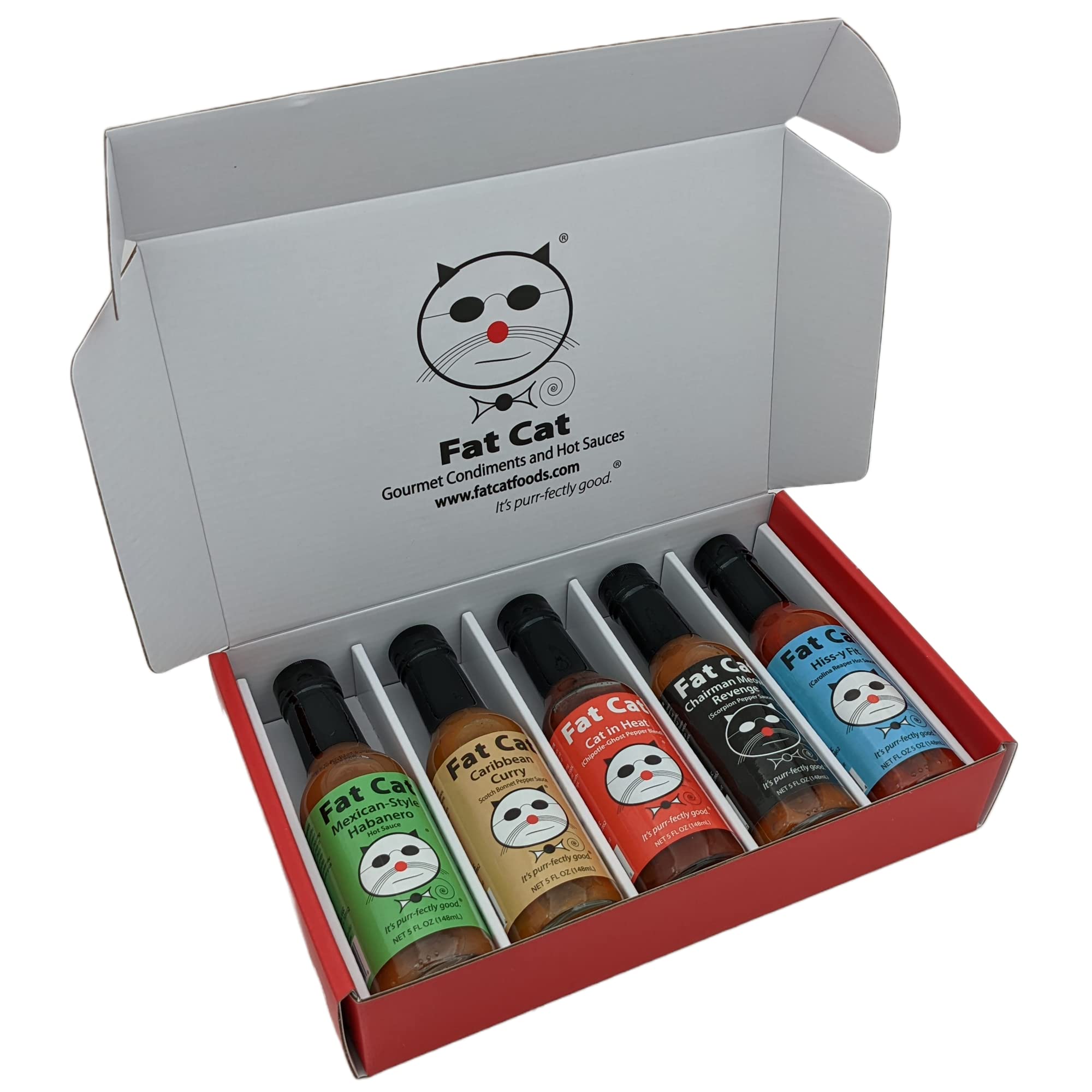 Heat Lovers Natural Hot Sauce Variety Pack by Fat Cat Gourmet | Habanero | Scotch Bonnet | Ghost | Scorpion | Carolina Reaper | Sampler Gift Set | Gluten Free | Vegan | Keto Friendly (5 Bottles)