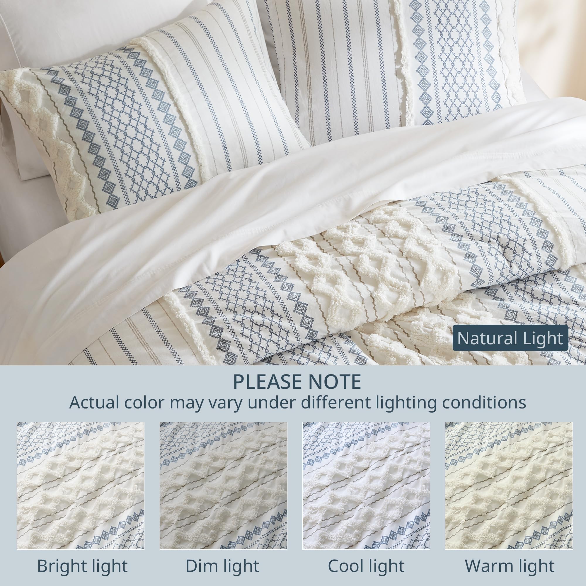 INK+IVY Comforter for Queen Size Bed, Chenille Tufted, Breathable Cotton Comforter Set Queen, All Season Modern Boho Comforter with Farmhouse Bedding Flare, 2 Matching Shams, Queen White/Navy 3 Piece