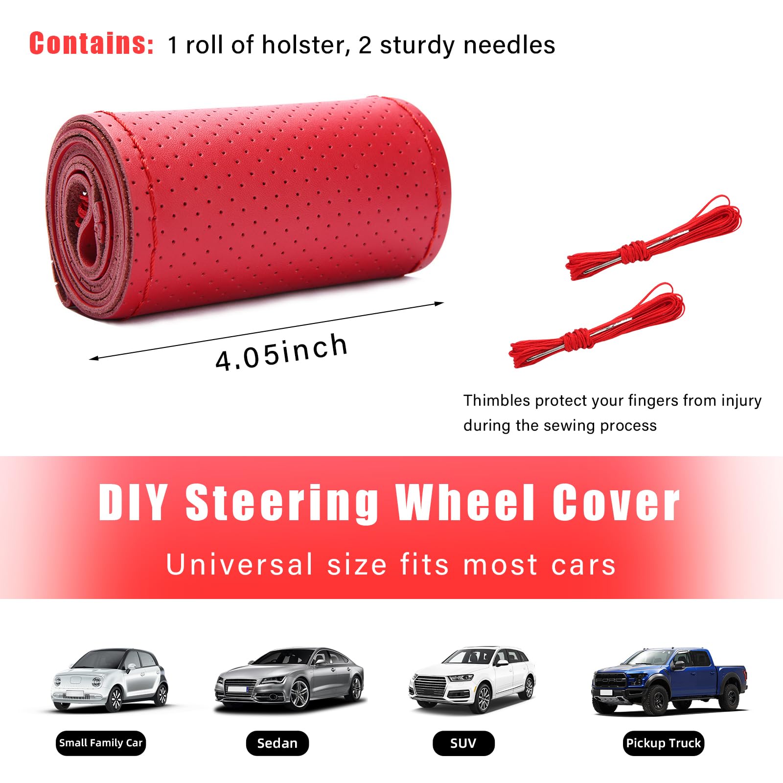 Augeny Genuine Leather Steering Wheel Cover, Breathable Anti-Slip Car Steering Wheel Protector Stitch on Wrap for Max Diameter 15 Inch, DIY Sewing with Needle Thread (Full Hole, Red)
