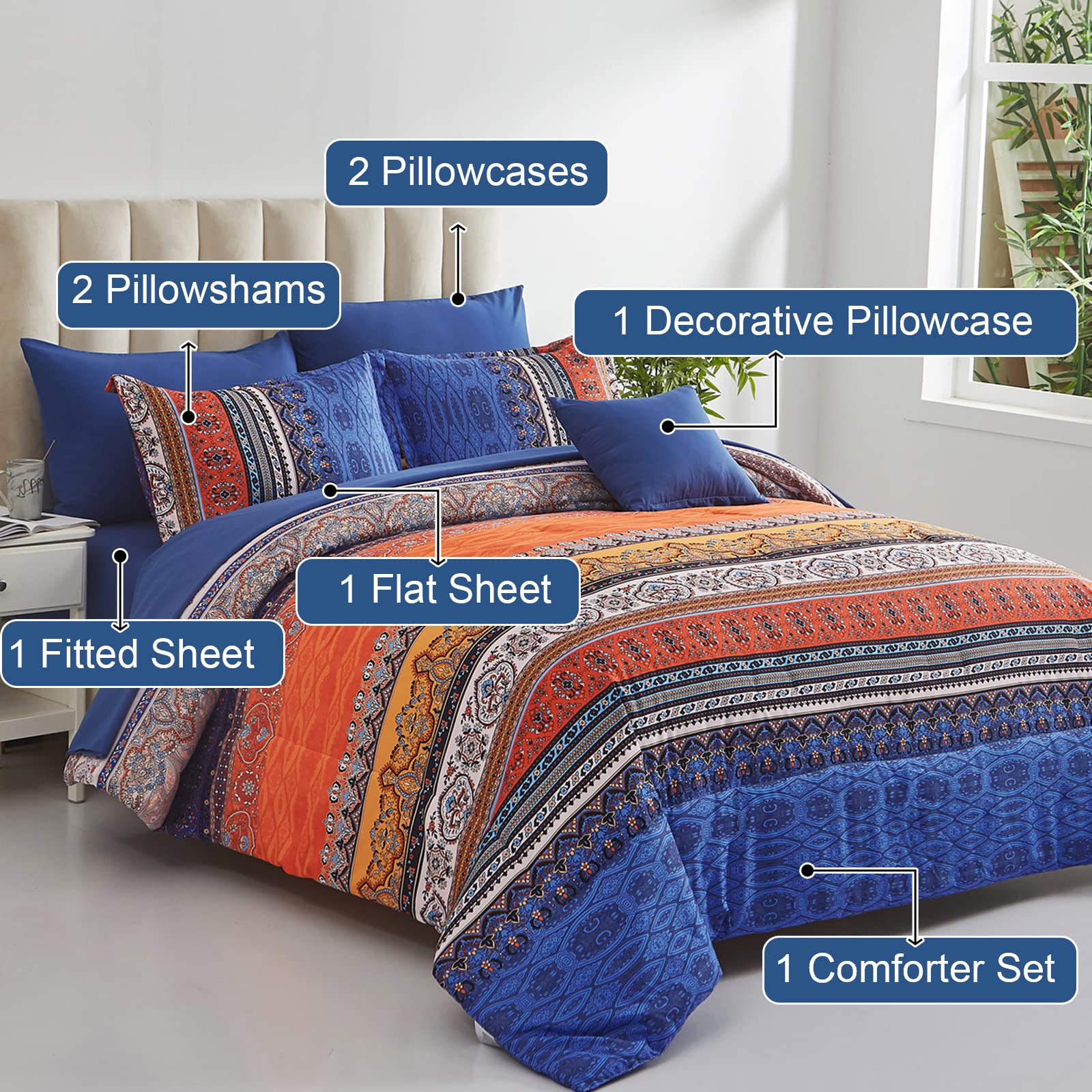 Boho Comforter Set Queen Size 8 Piece Bed in a Bag Burnt Orange Paisley Fall Comforter and Sheet Set Bohemian Striped Bedding Set,Soft Microfiber Complete Bedding Set