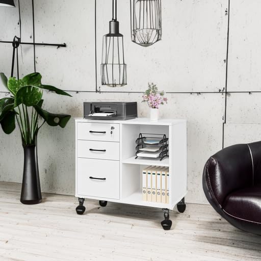 3 Drawer Office File Cabinets, Mobile Lateral Printer Stand with Open Storage Shelf, Rolling Filing Cabinet with Wheels Home Office Organization and Storage (White)