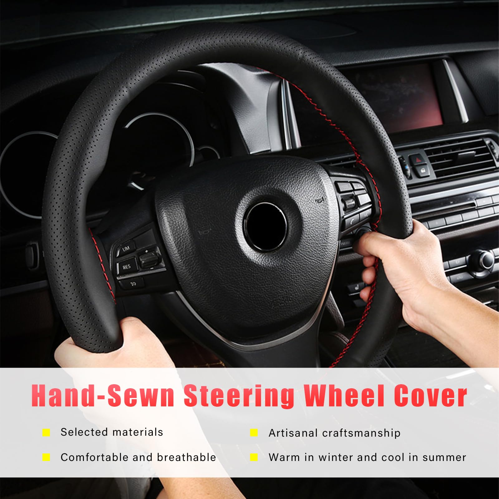 Augeny Genuine Leather Steering Wheel Cover, Breathable Anti-Slip Car Steering Wheel Protector Stitch on Wrap for Max Diameter 15 Inch, DIY Sewing with Needle Thread (Full Hole, Red)